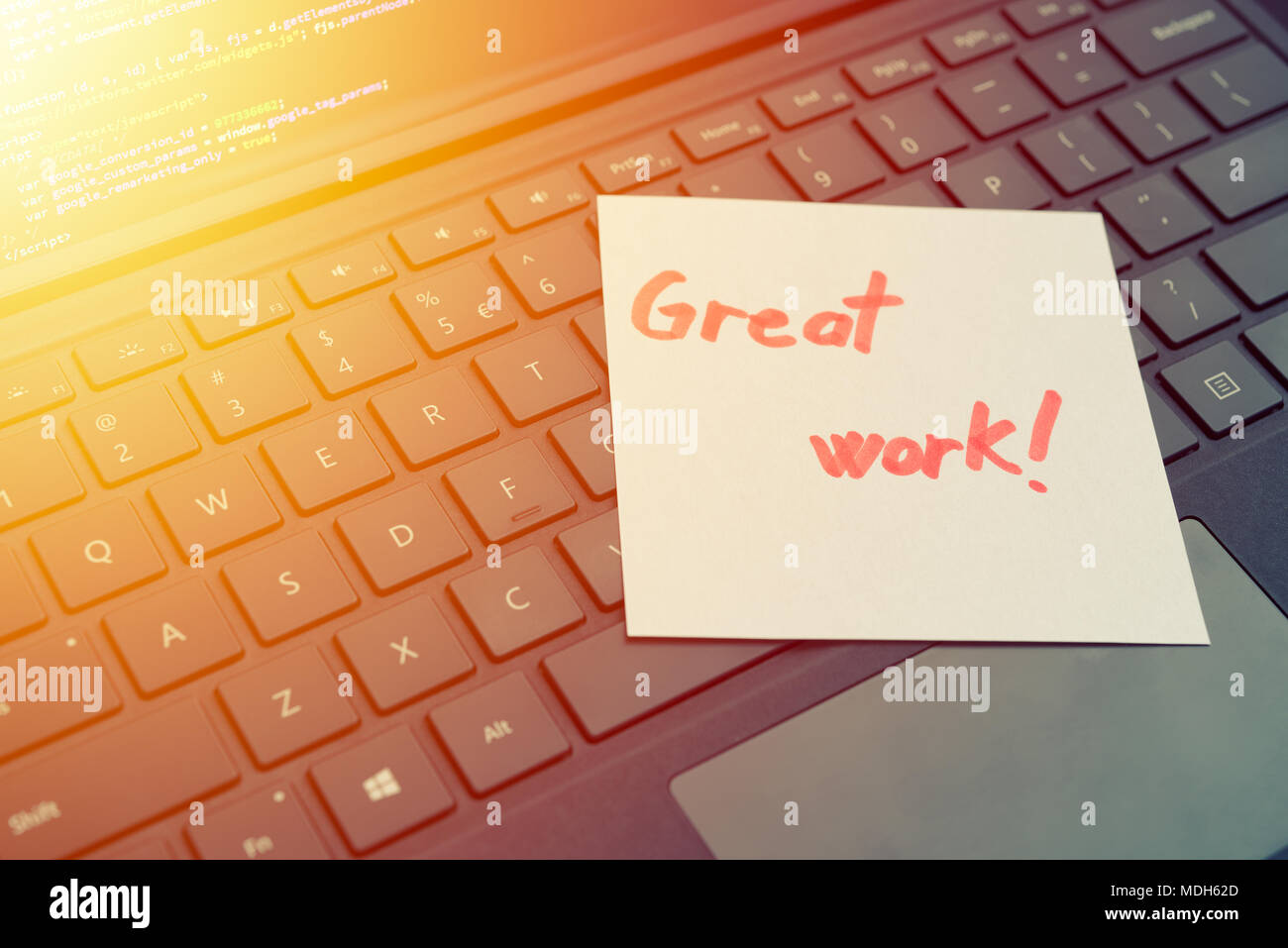Great work message concept written post it on laptop keyboard Stock ...