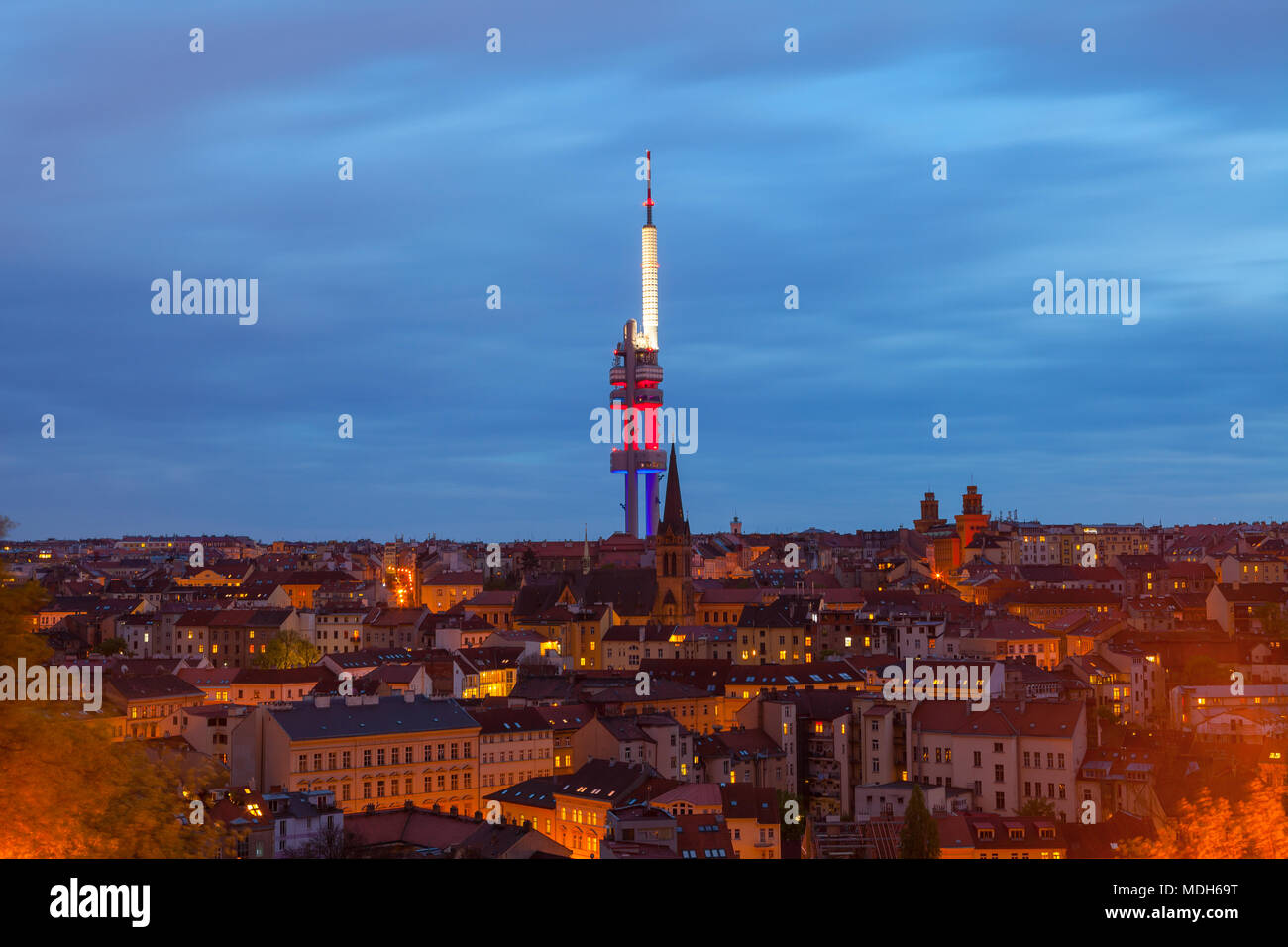 Zizkov Television Tower (circa 1992) in Prague and roof top view of ...