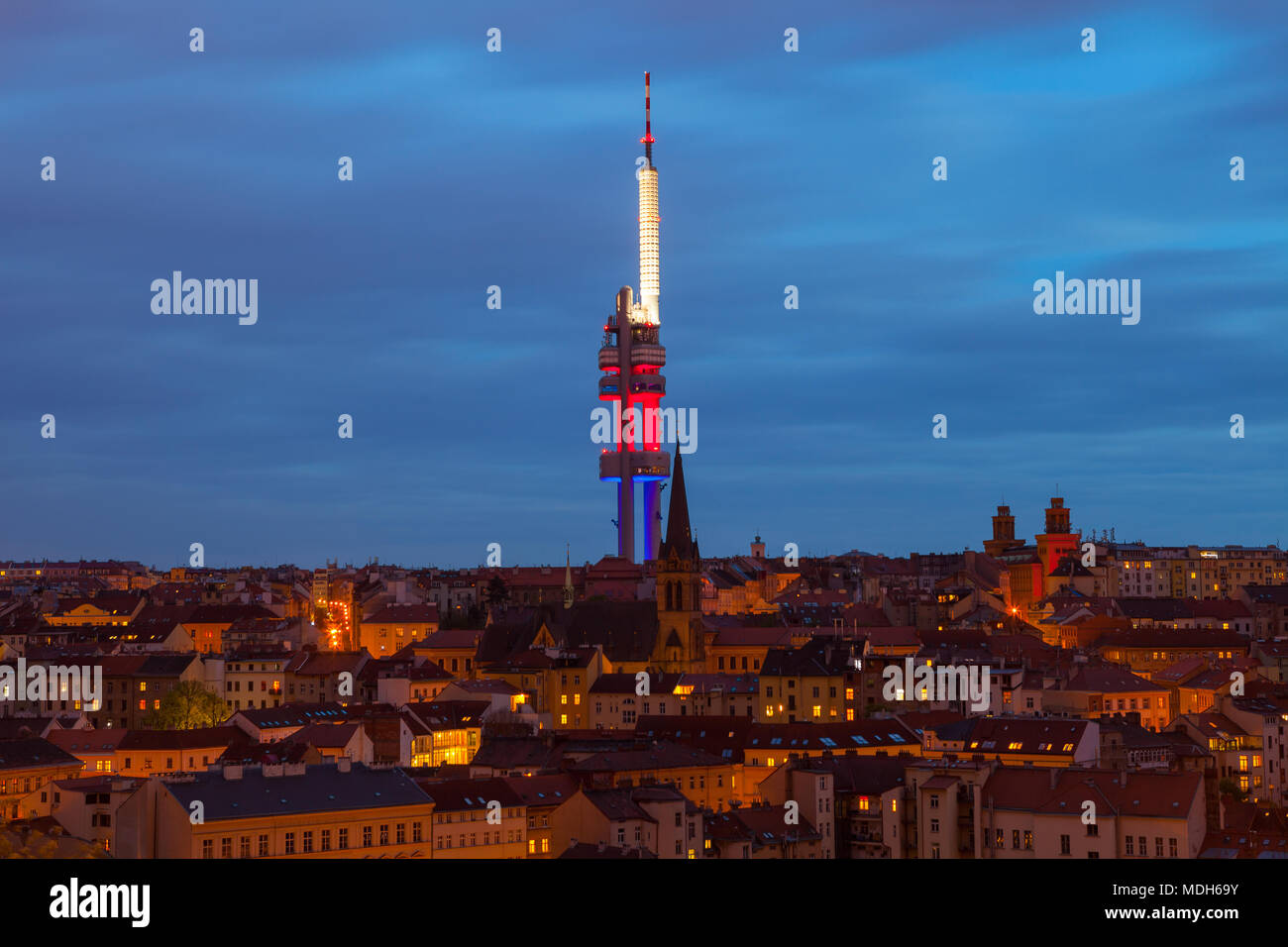 Zizkov Television Tower (circa 1992) in Prague and roof top view of ...
