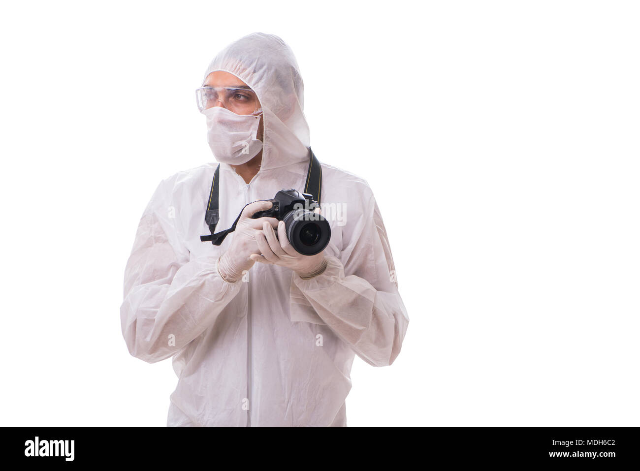 Forensic specialist in protective suit taking photos on white Stock ...