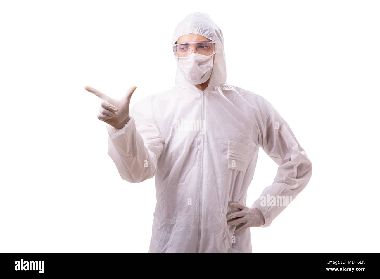 Man in protective suit isolated on white background Stock Photo - Alamy