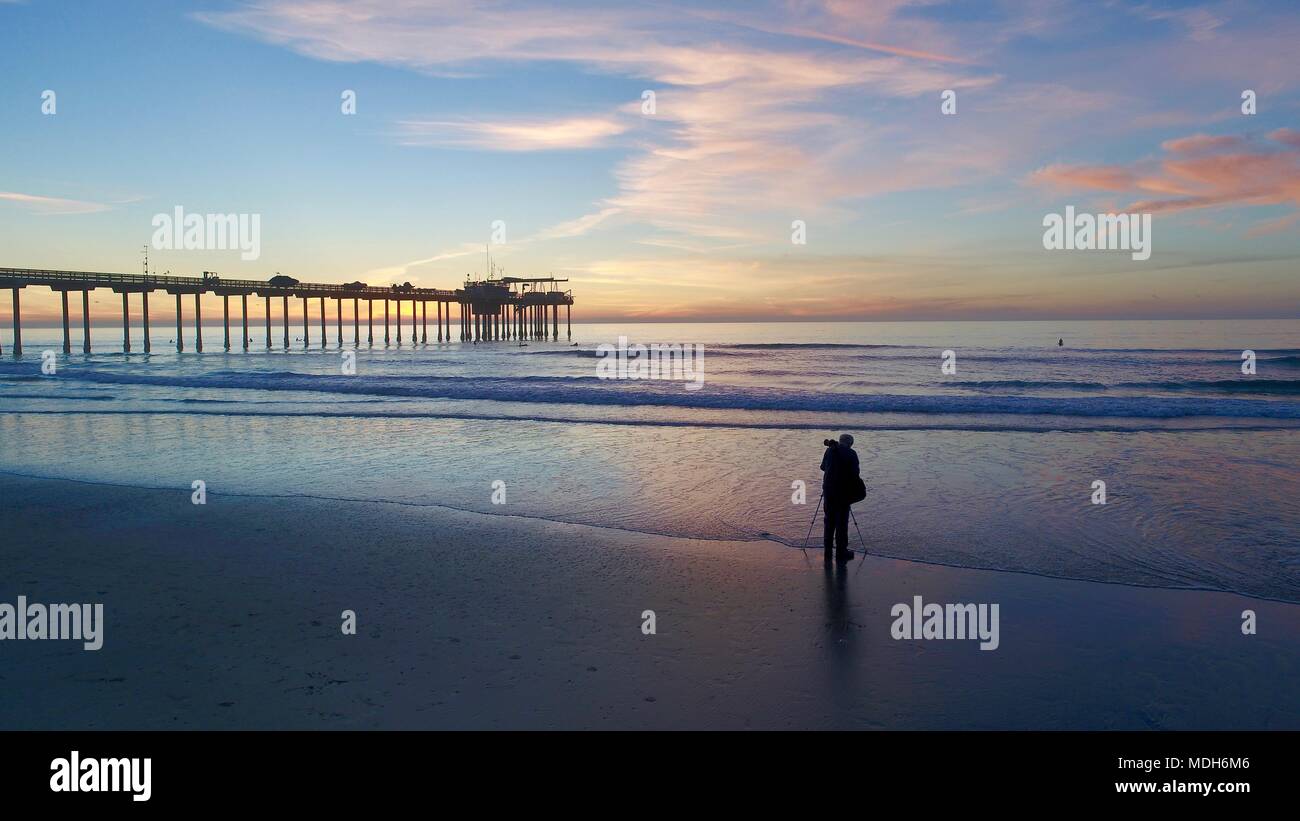 Aerial view of photographer making photographs of Scripps Pier and ...