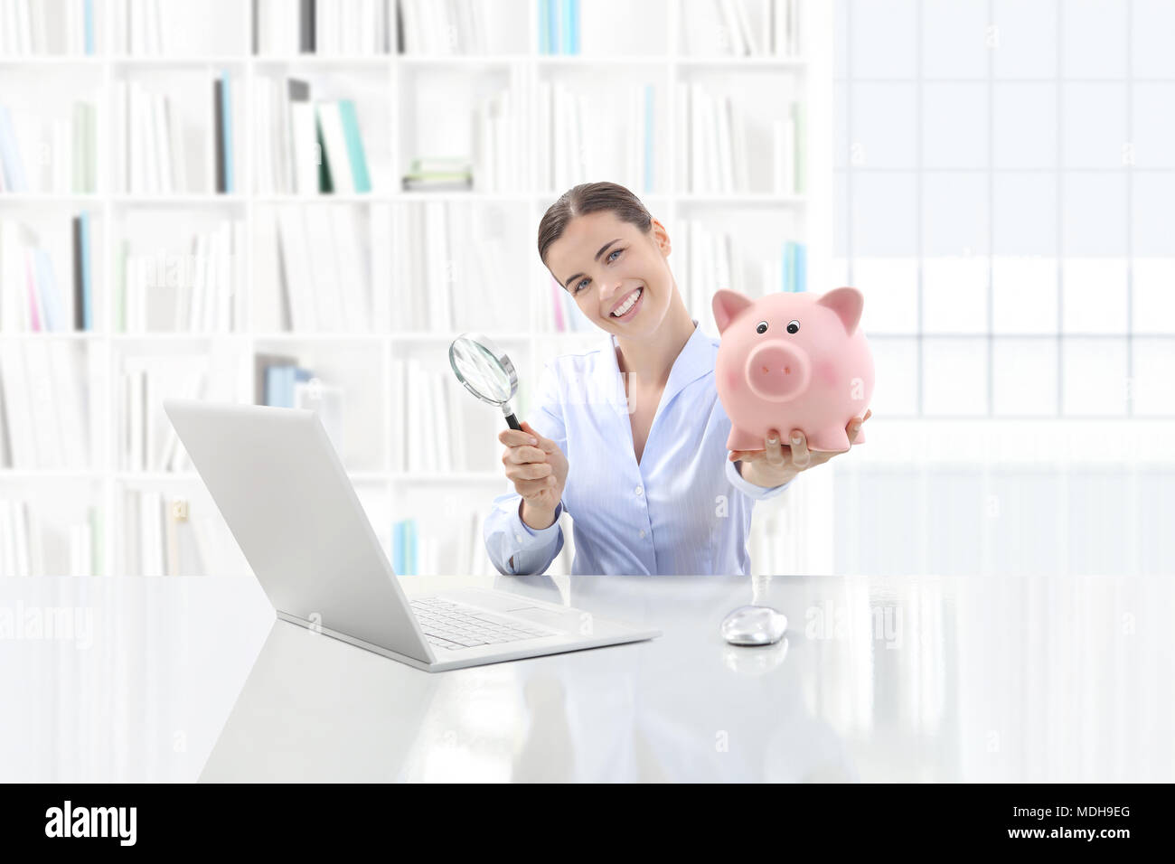 low cost and saving search concept, smiling woman working at office ...