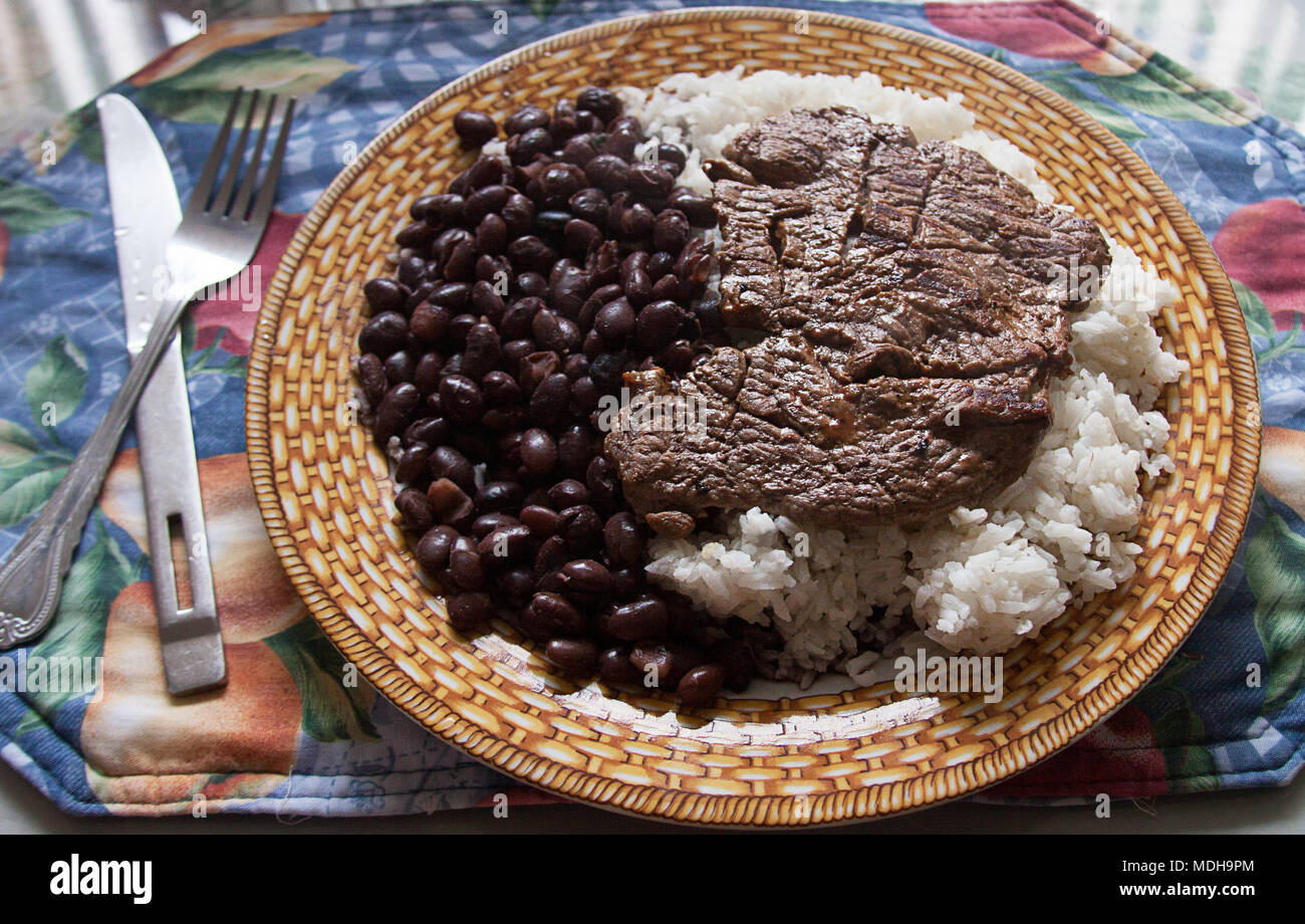 Homemade lunch. Black beans, Beef or Steak, and white rice. Latin ...