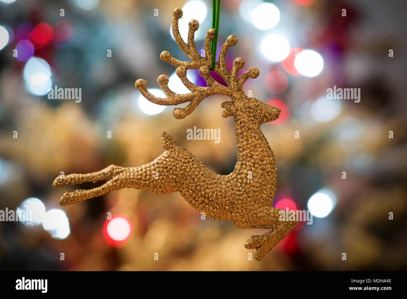 Golden reindeer on Christmas tree with lights; London, England Stock ...