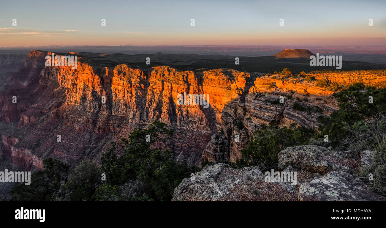 An extinct volcano near the edge of the Grand Canyon at sunset; Arizona ...