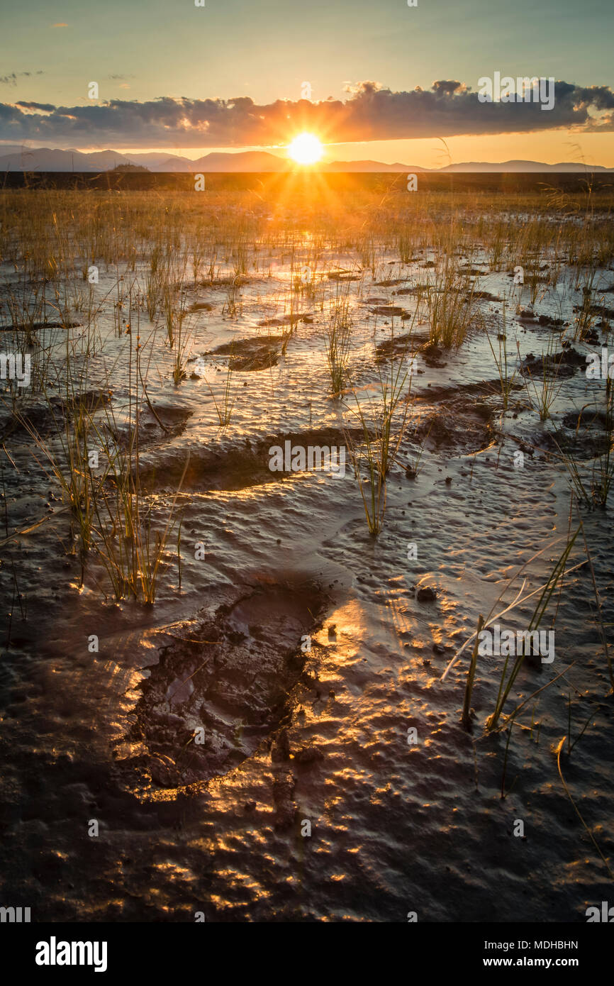 Sunset over the distant mountains with footprints in the mud in the ...