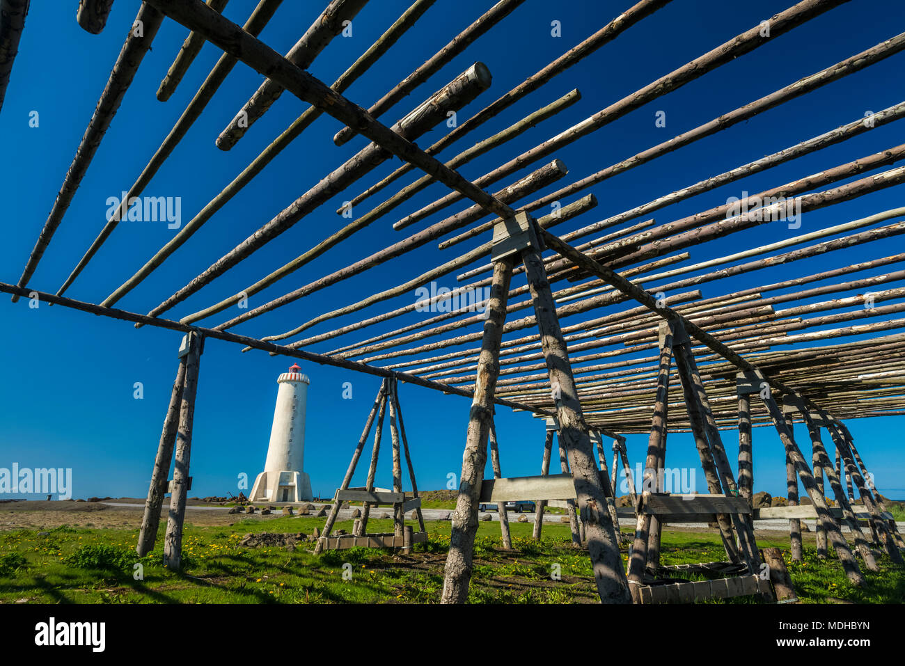 Old fish drying racks next to a lighthouse; Akranes, Iceland Stock ...