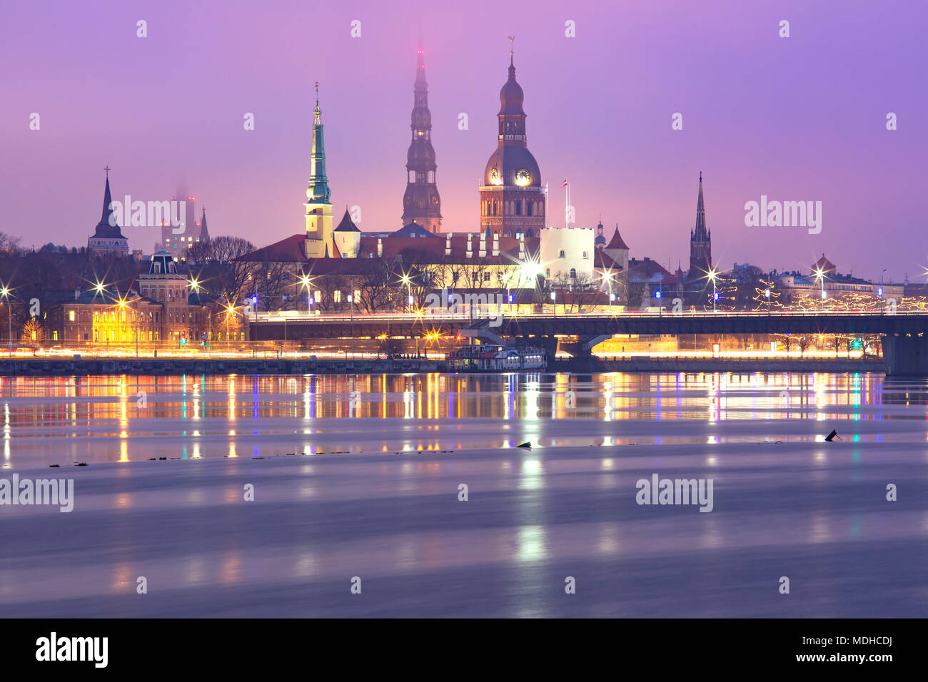 Old Town and River Daugava at night, Riga, Latvia Stock Photo - Alamy