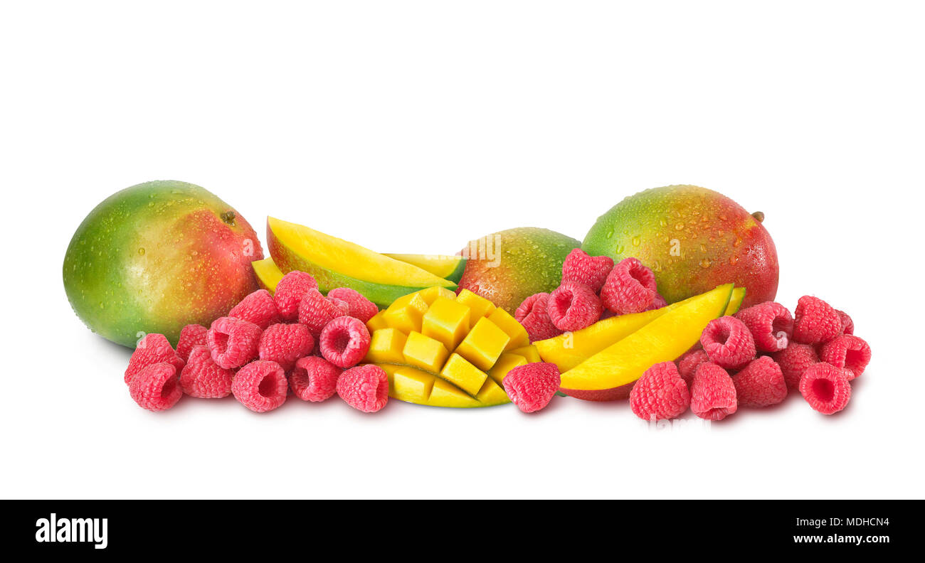 Fresh raspberries and mangoes on a white background Stock Photo - Alamy