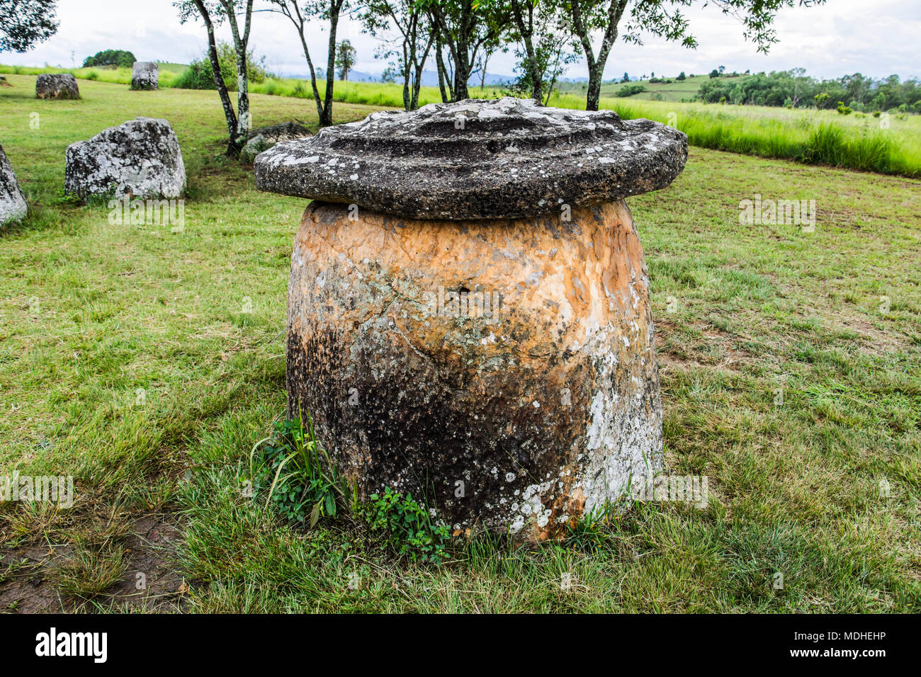 Megalithic stone jar with lid at Site 1, Plain of Jars; Xiangkhouang ...