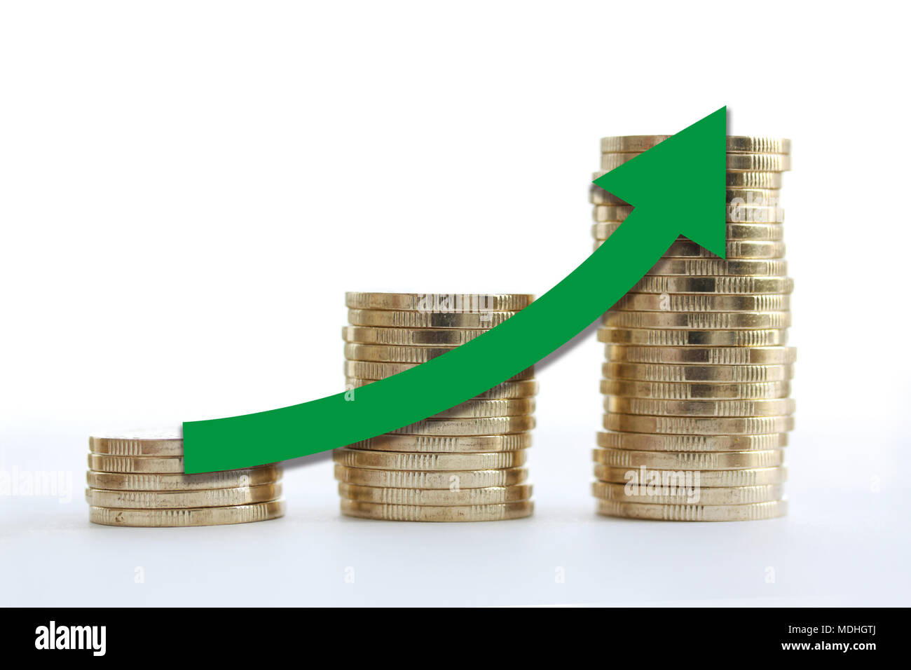 Money as staircase graph with green arrow going up economy on white ...