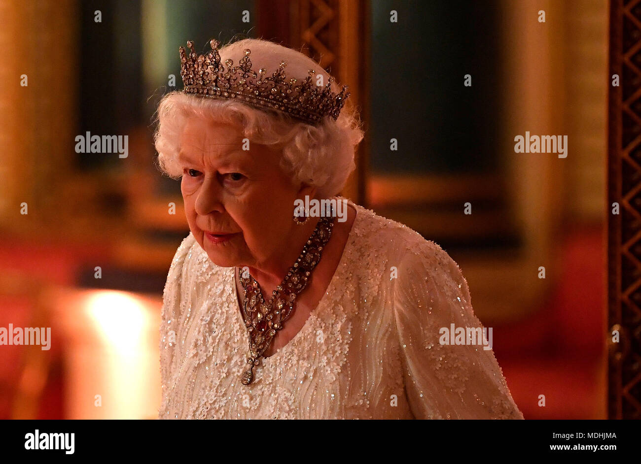 Queen Elizabeth II hosts a dinner at Buckingham Palace in London during ...
