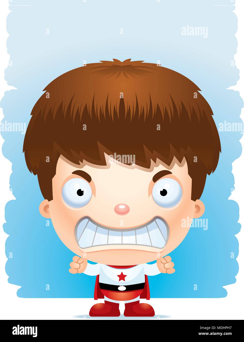 A cartoon illustration of a boy superhero with an angry expression ...