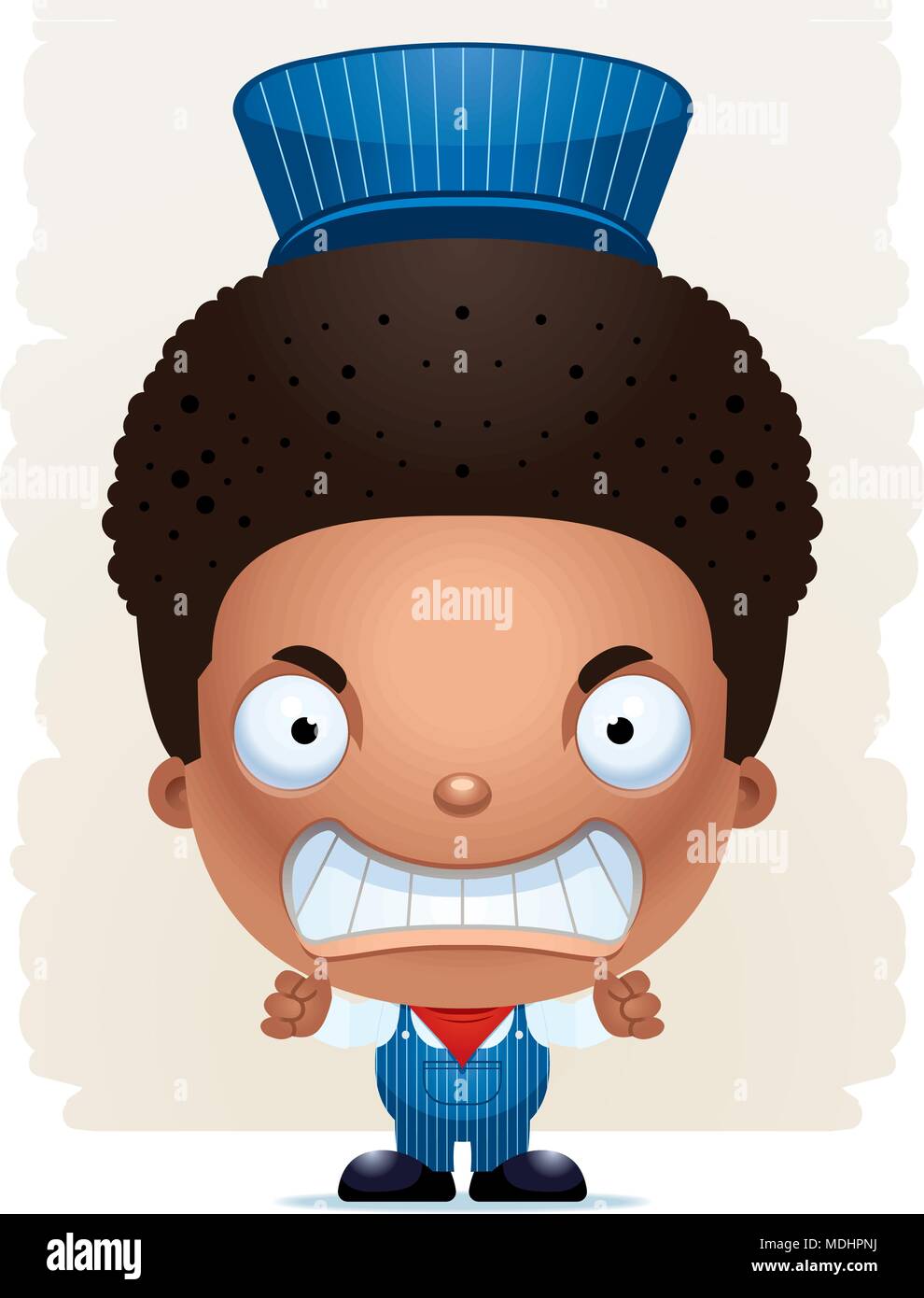 A cartoon illustration of a boy train conductor with an angry ...