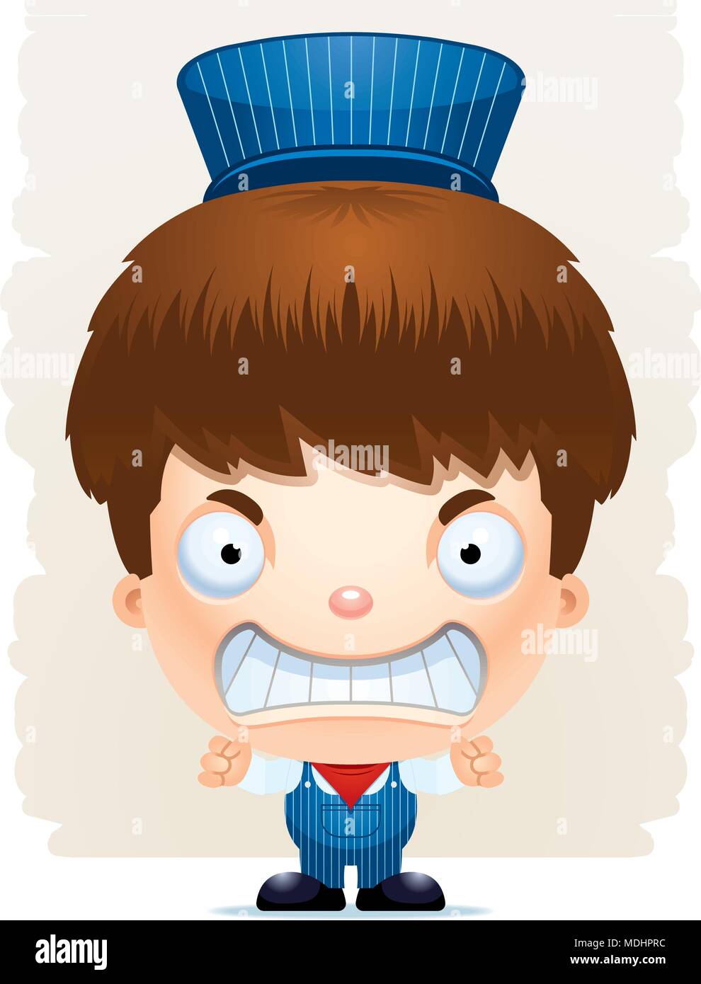 A cartoon illustration of a boy train conductor with an angry ...