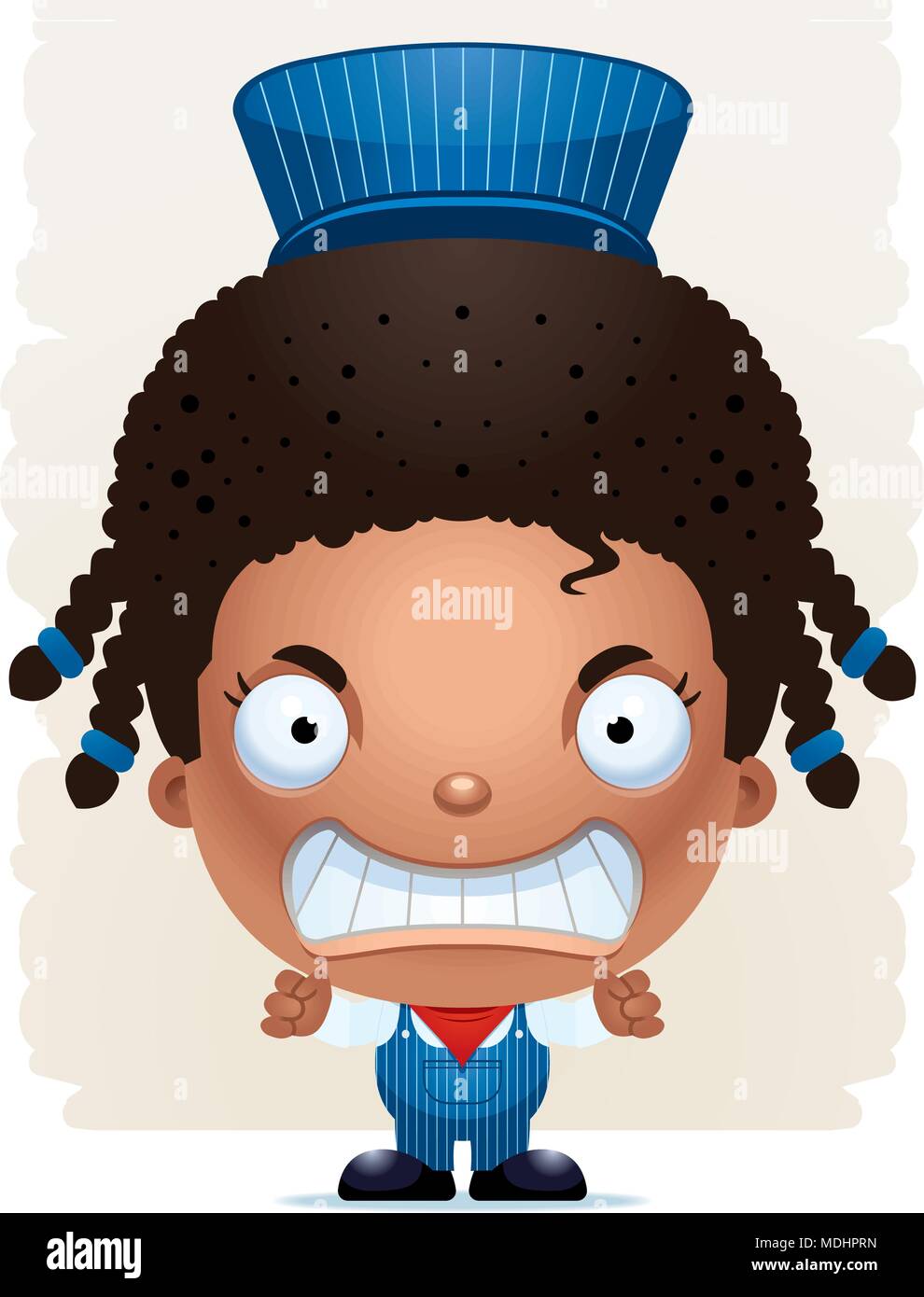 A cartoon illustration of a girl train conductor with an angry ...