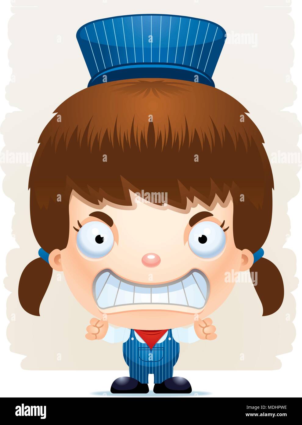 A cartoon illustration of a girl train conductor with an angry ...