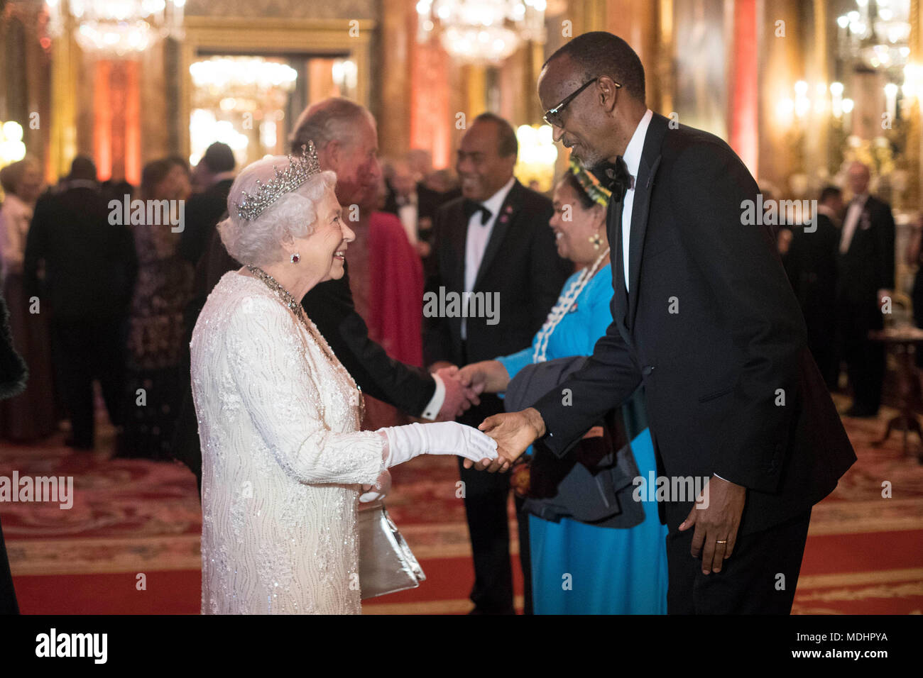 Queen Elizabeth II greets Paul Kagame, President of Rwanda, in the Blue ...