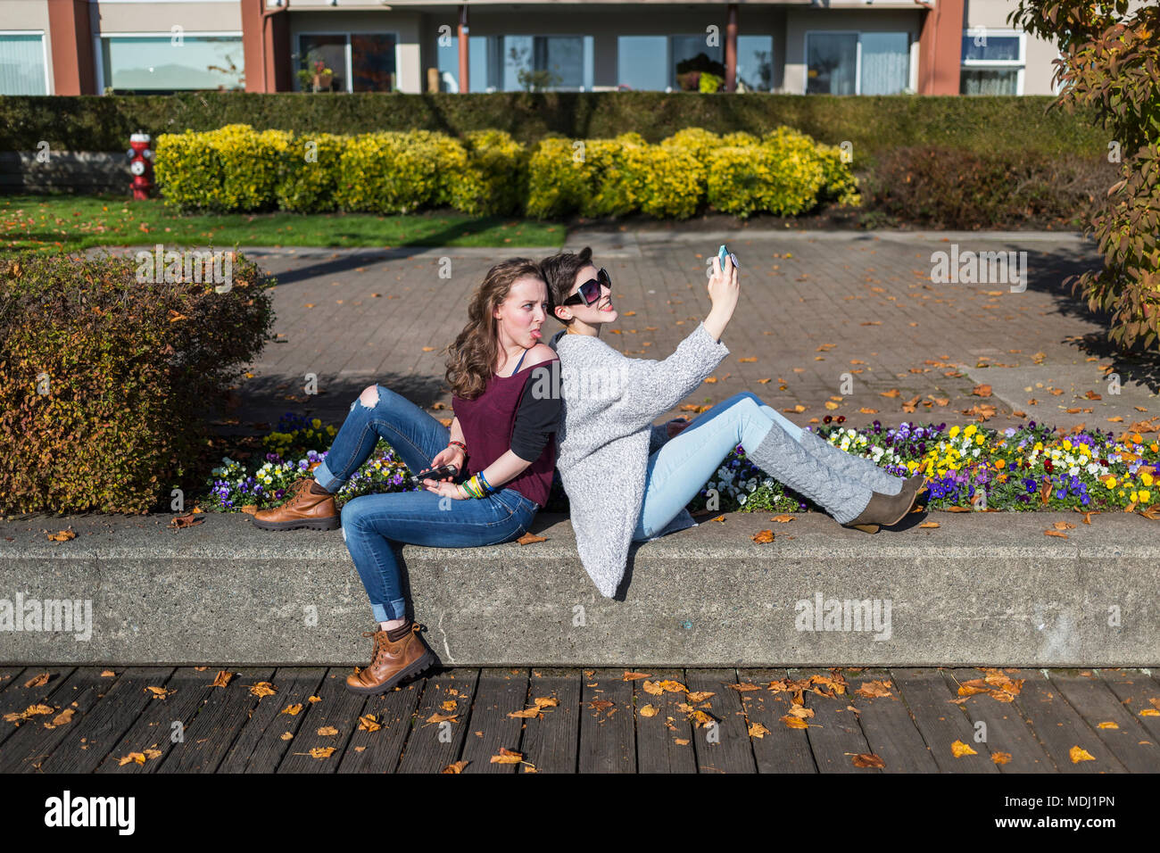 Two women sitting back to back hi-res stock photography and images - Alamy