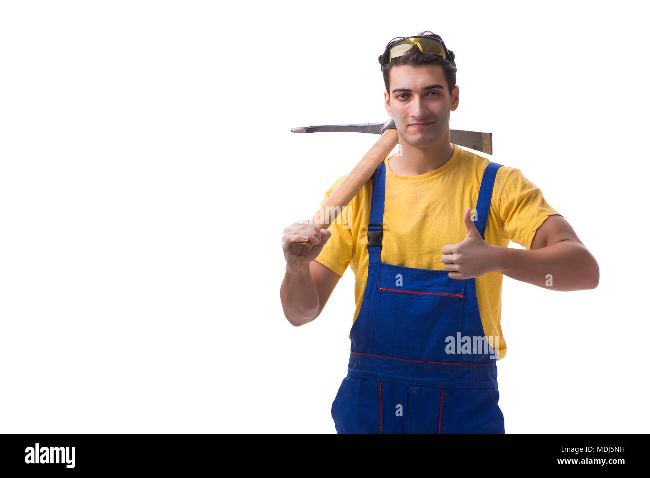 Young man contractor with axe isolated on white Stock Photo - Alamy