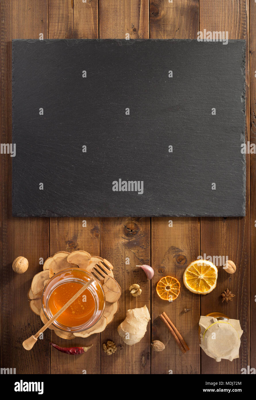 healthy food on wooden table background Stock Photo - Alamy