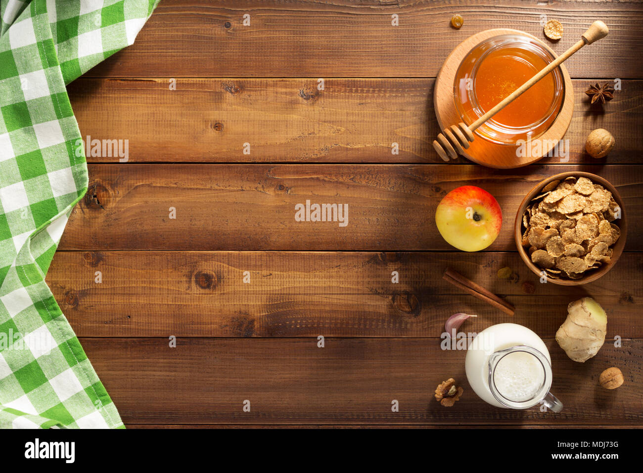 healthy food on wooden table background Stock Photo - Alamy