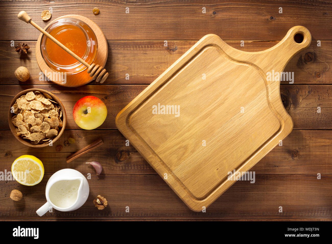 healthy food on wooden table background Stock Photo - Alamy