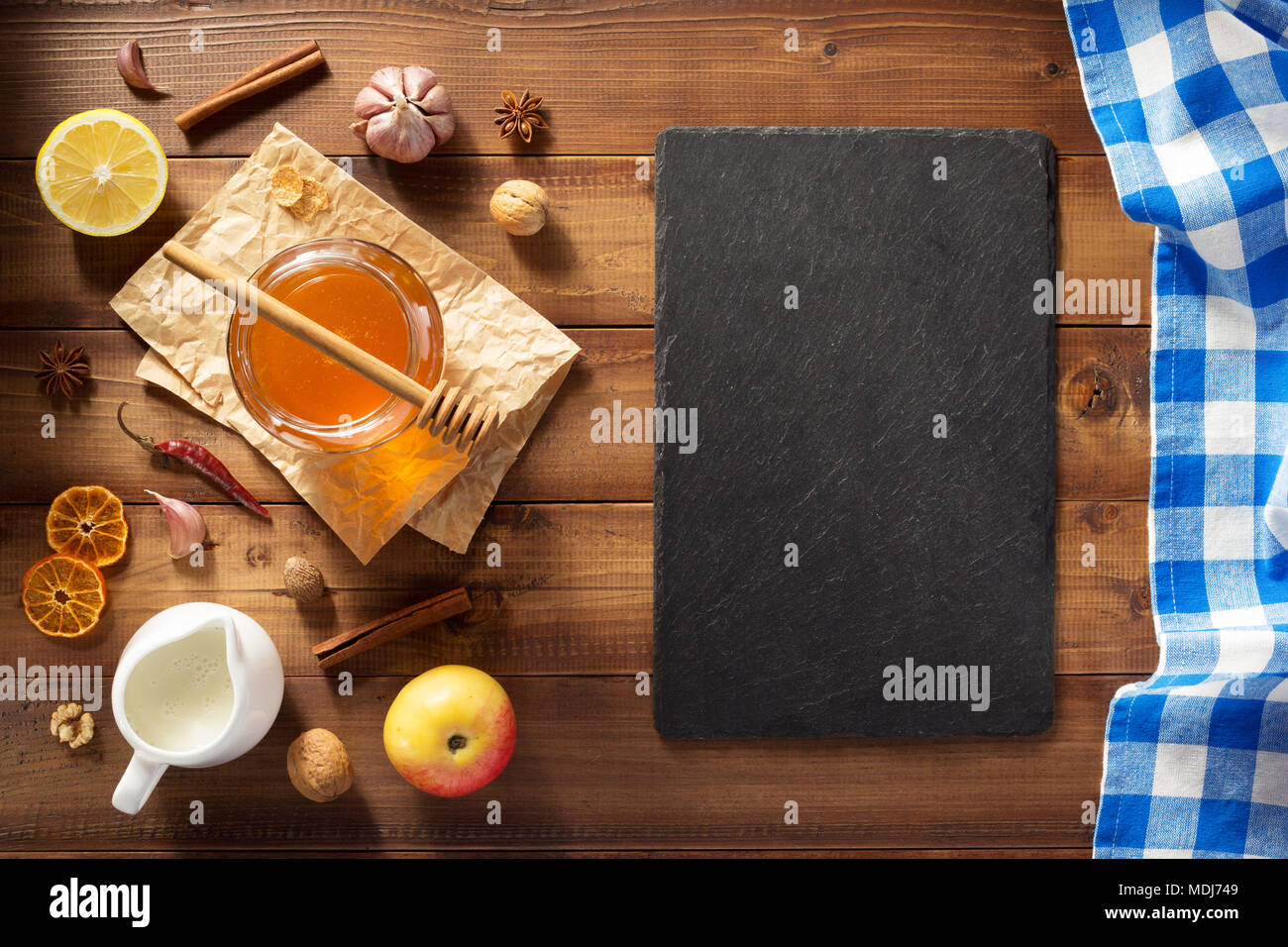 healthy food on wooden table background Stock Photo - Alamy