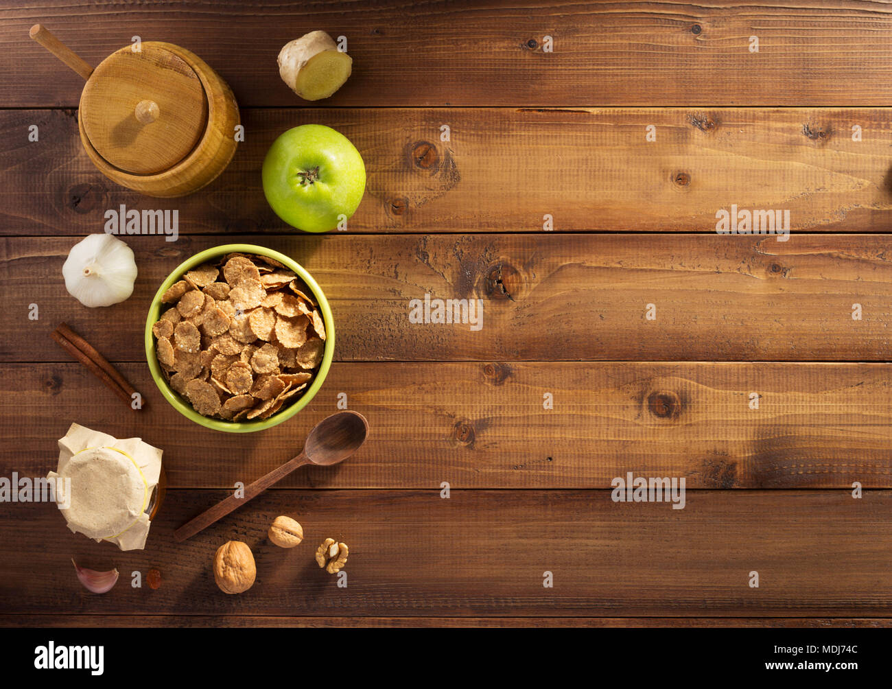 healthy food on wooden table background Stock Photo - Alamy