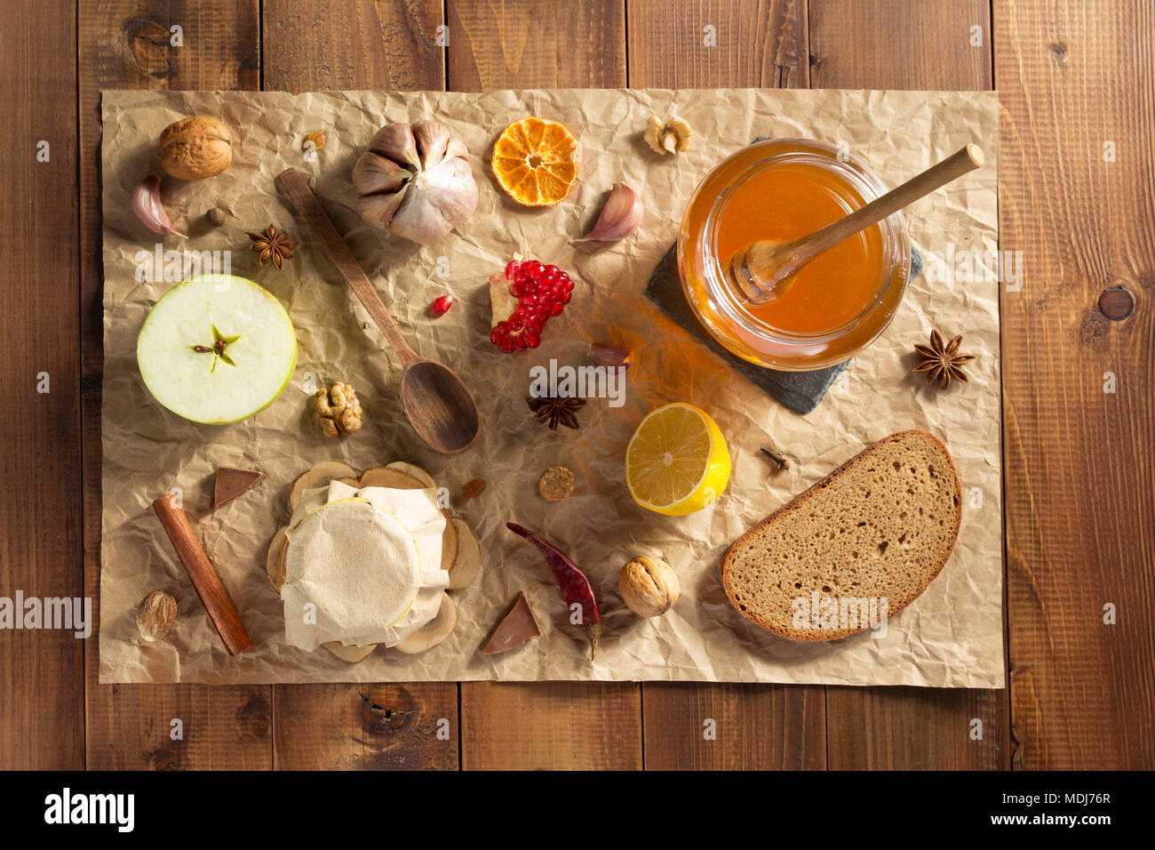 healthy food on wooden table background Stock Photo - Alamy