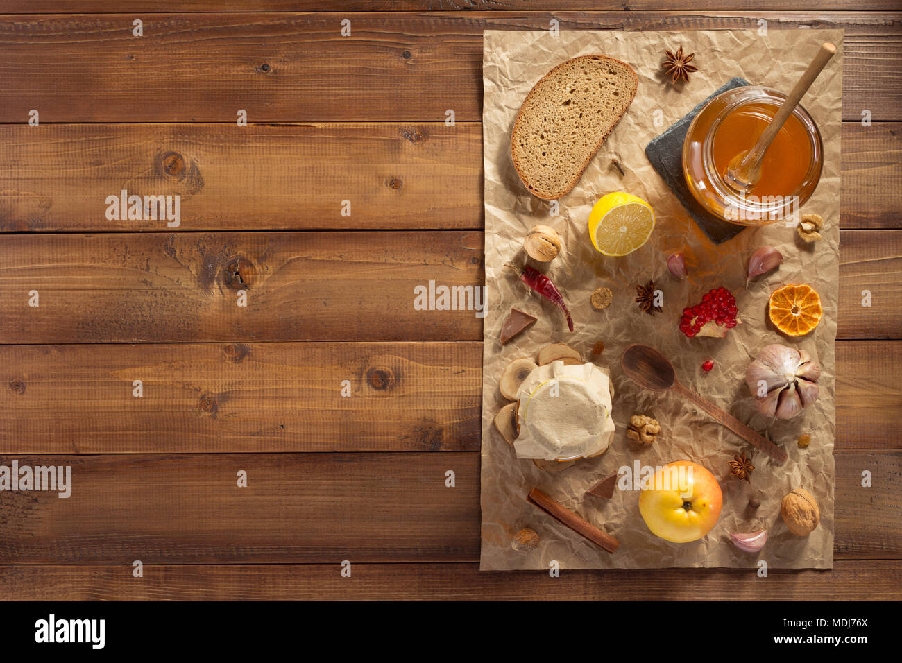 healthy food on wooden table background Stock Photo - Alamy