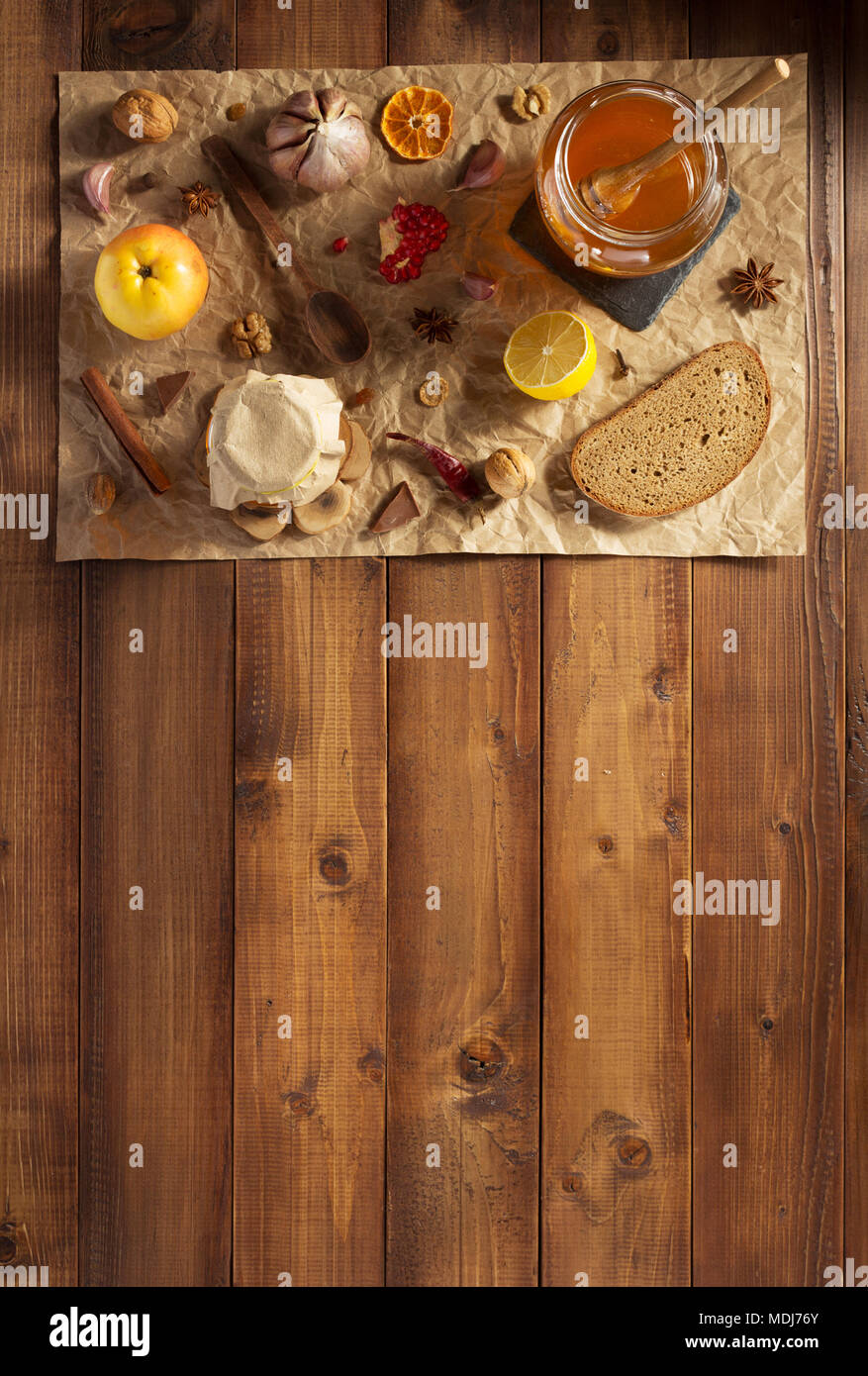 healthy food on wooden table background Stock Photo - Alamy