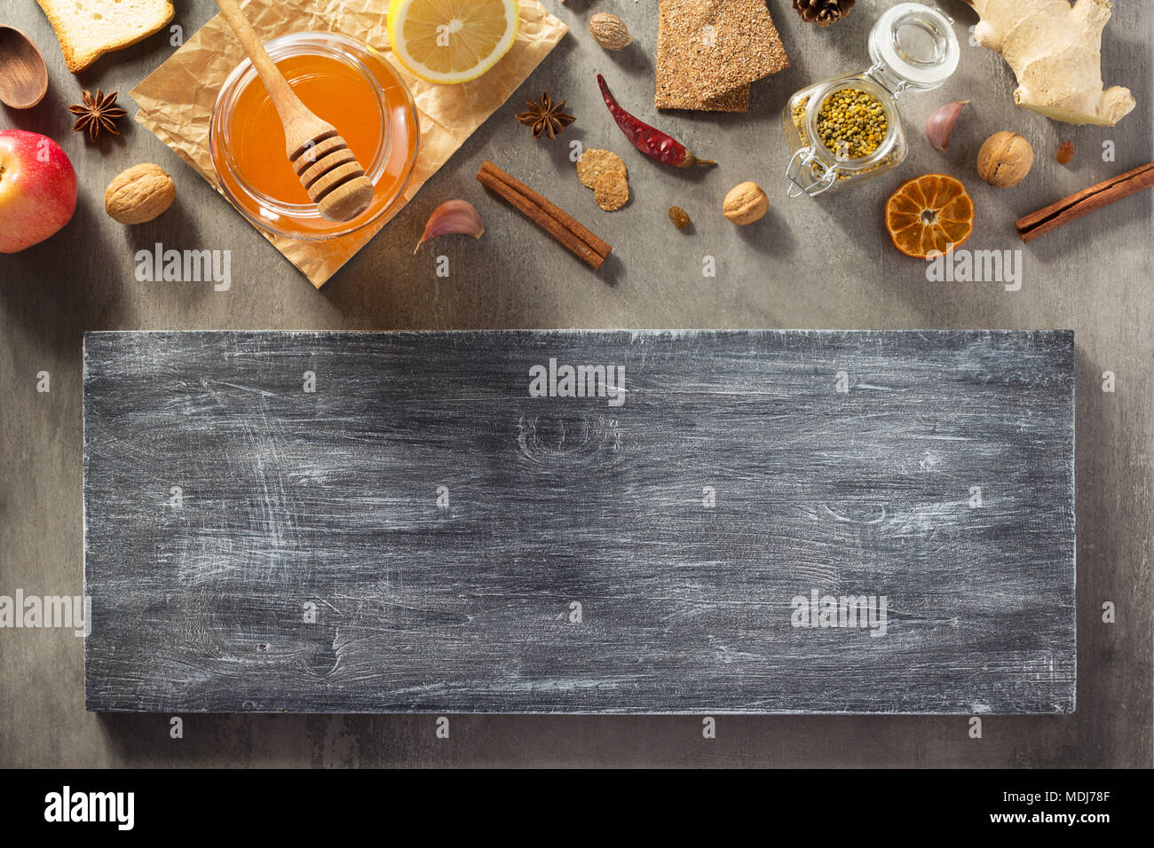 healthy food on wooden table background Stock Photo - Alamy