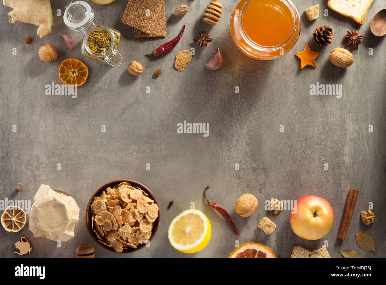 healthy food on wooden table background Stock Photo - Alamy