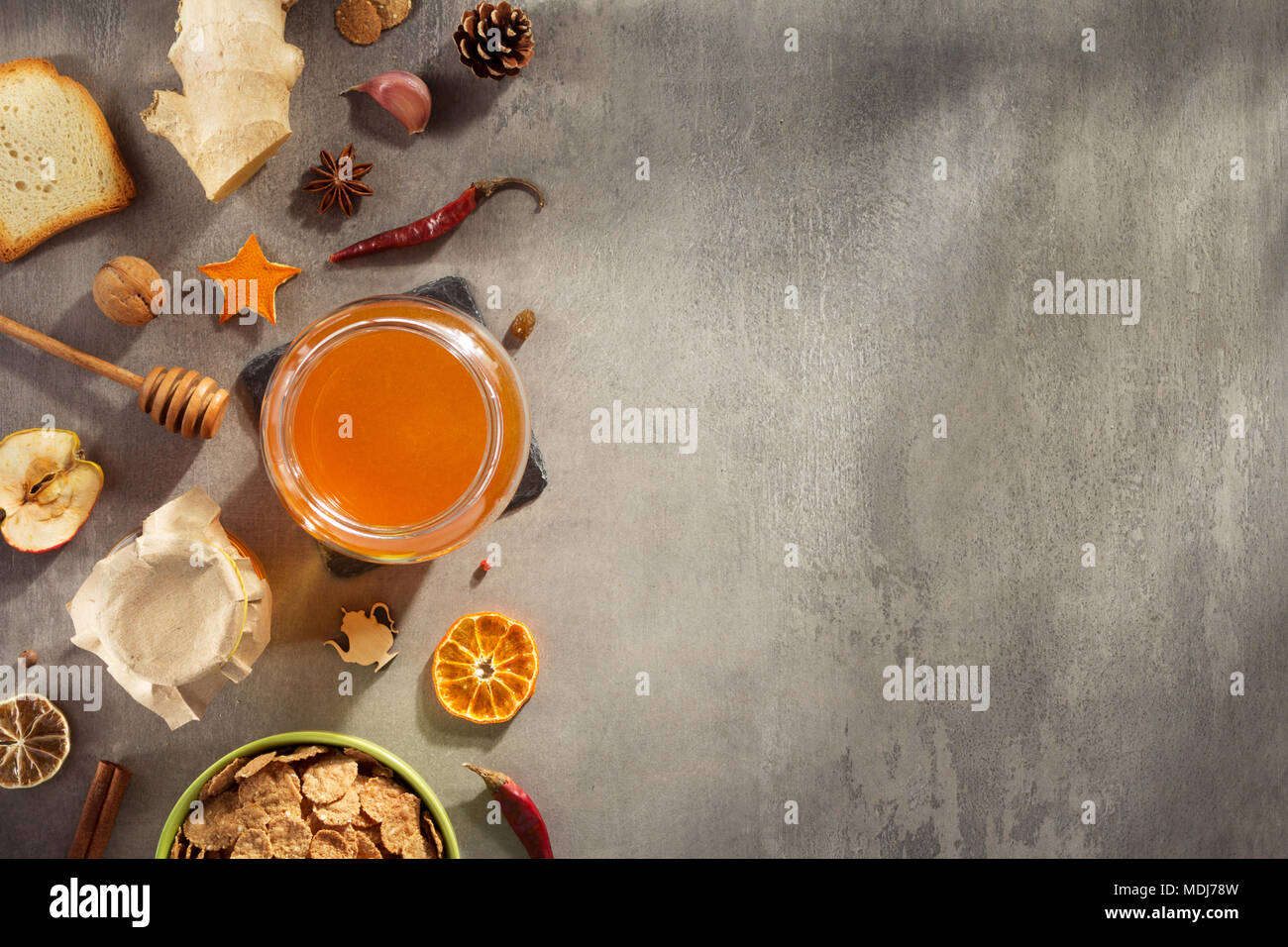 healthy food on wooden table background Stock Photo - Alamy
