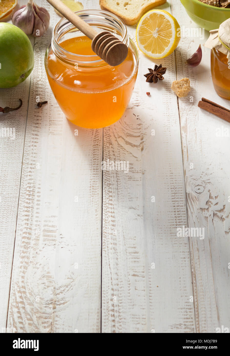 healthy food on wooden table background Stock Photo - Alamy