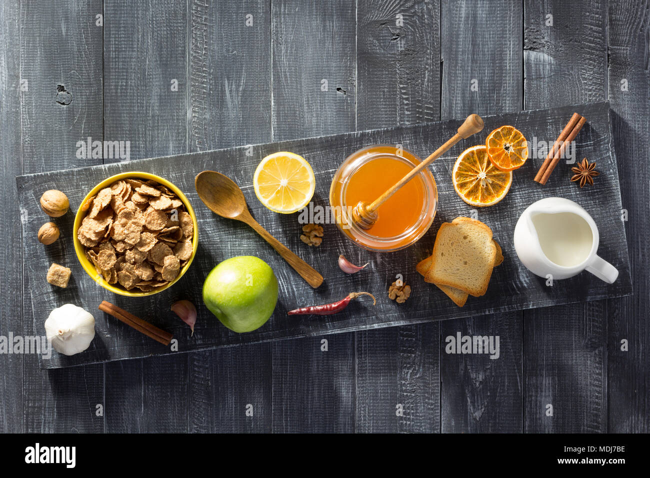 healthy food on wooden table background Stock Photo - Alamy