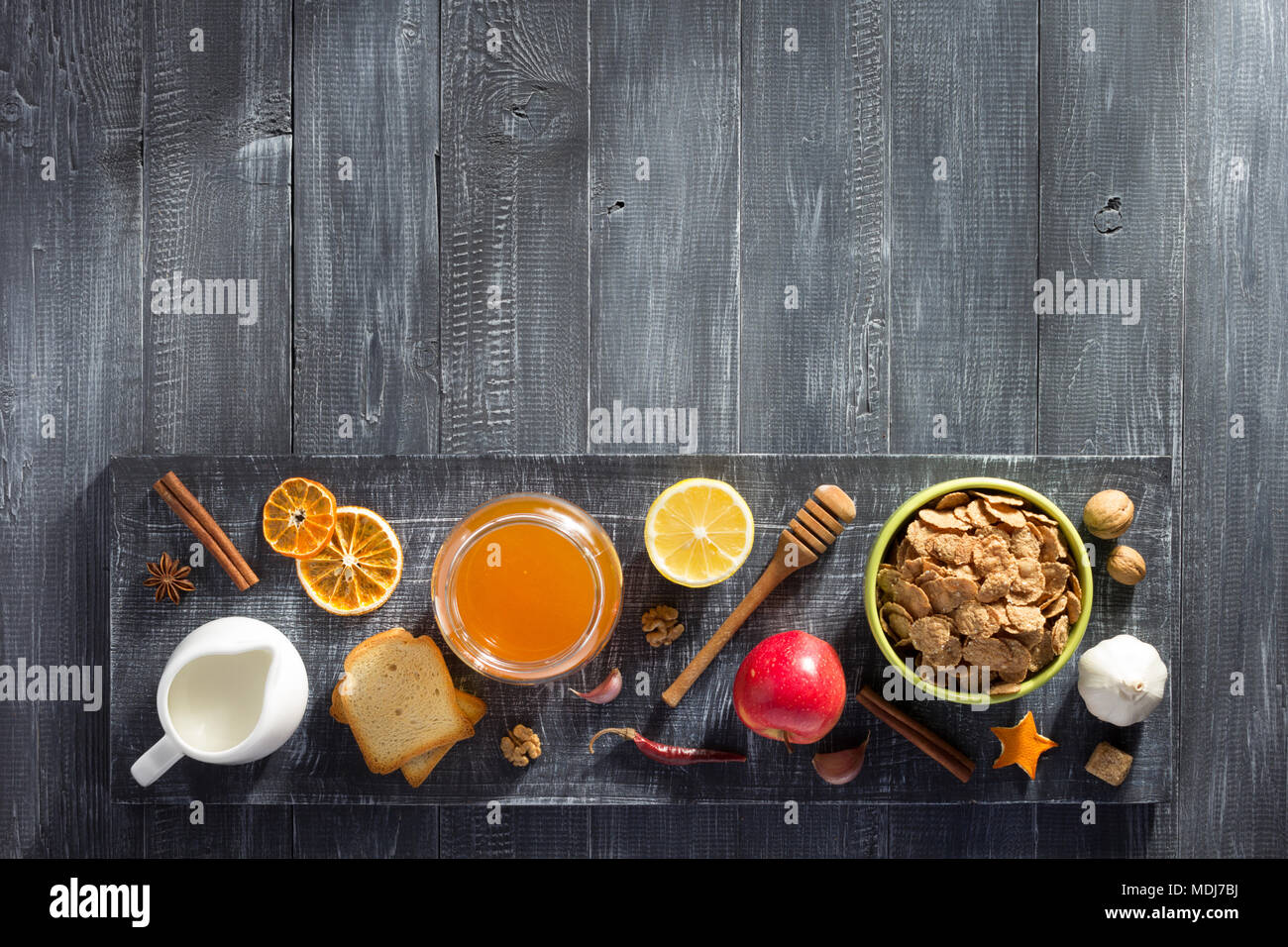 healthy food on wooden table background Stock Photo - Alamy