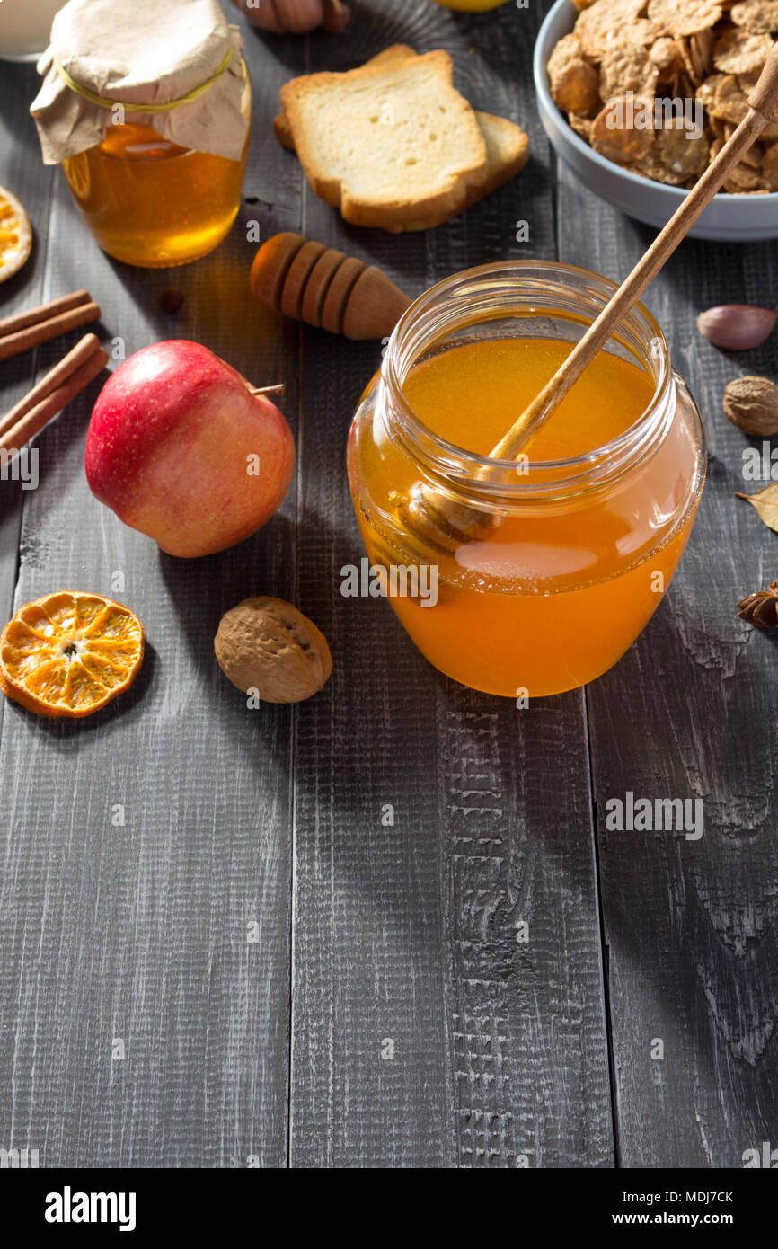 healthy food on wooden table background Stock Photo - Alamy