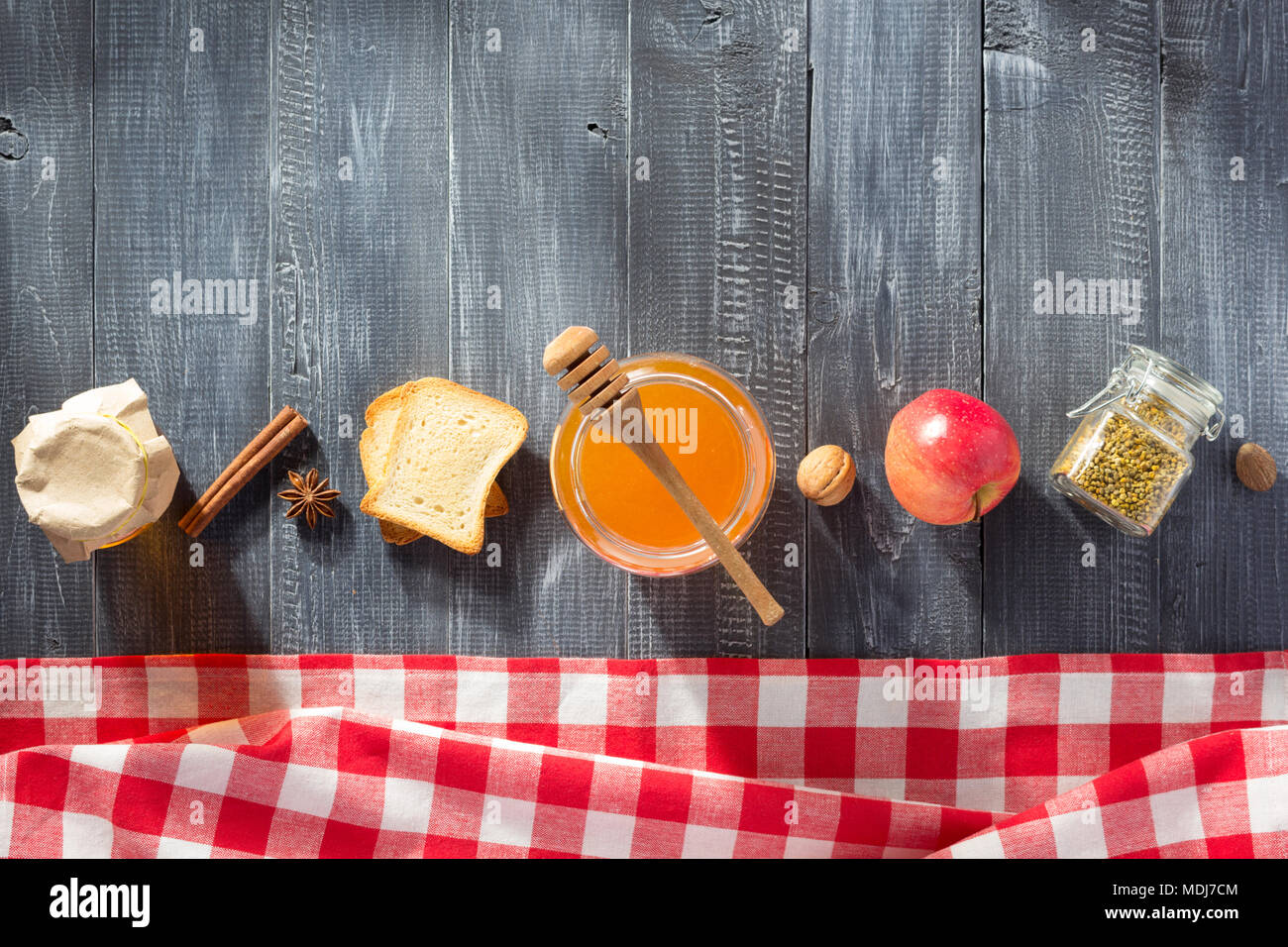 healthy food on wooden table background Stock Photo - Alamy