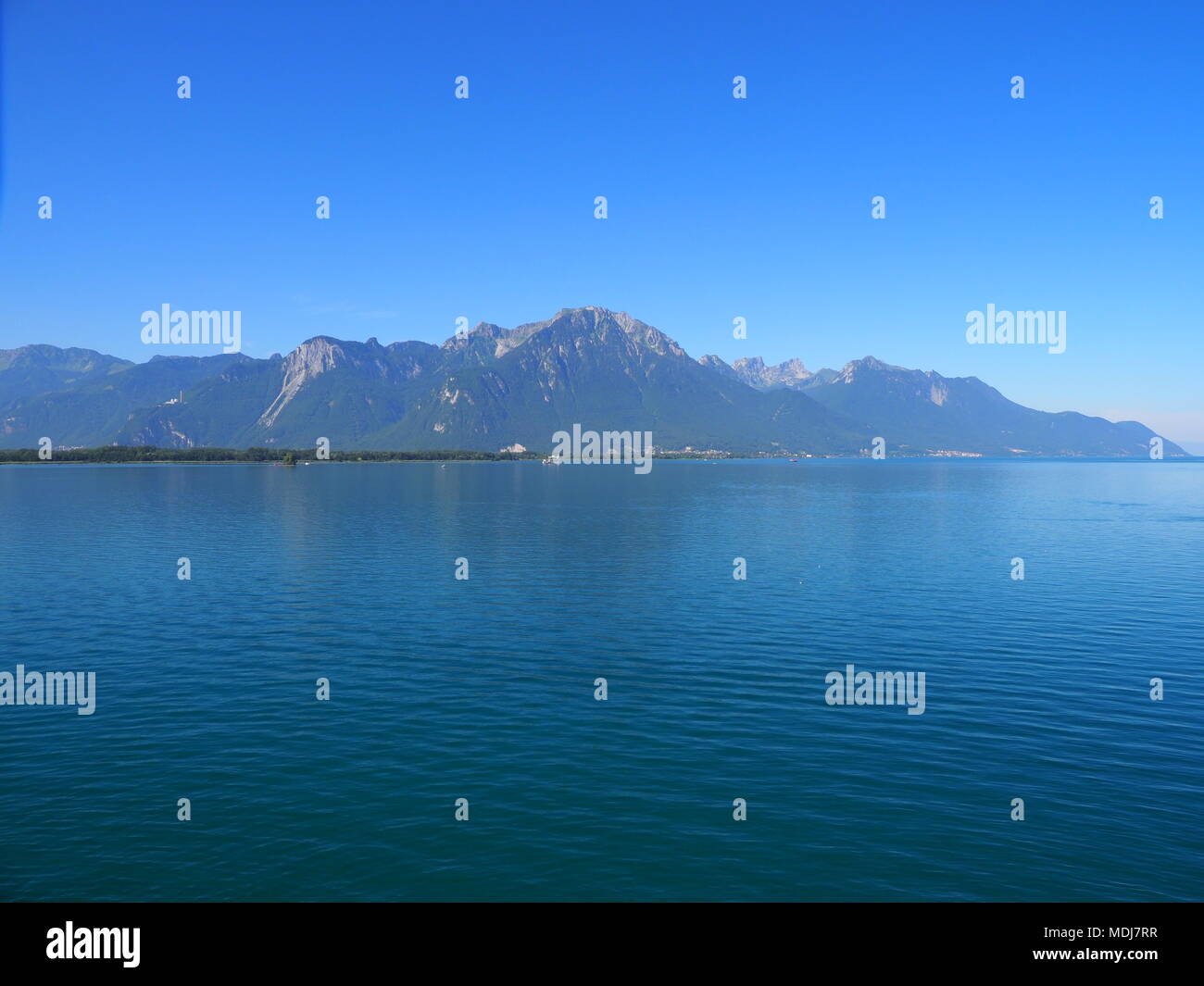 Panoramic view of alpine Lake Geneva landscapes seen from Chateau de ...