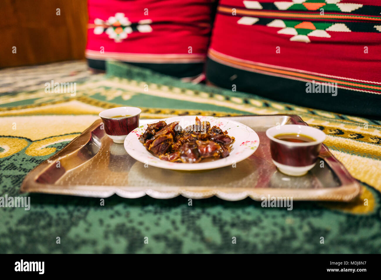 Typical omani breakfast with sweet dates and coffee in Nizwa Stock ...