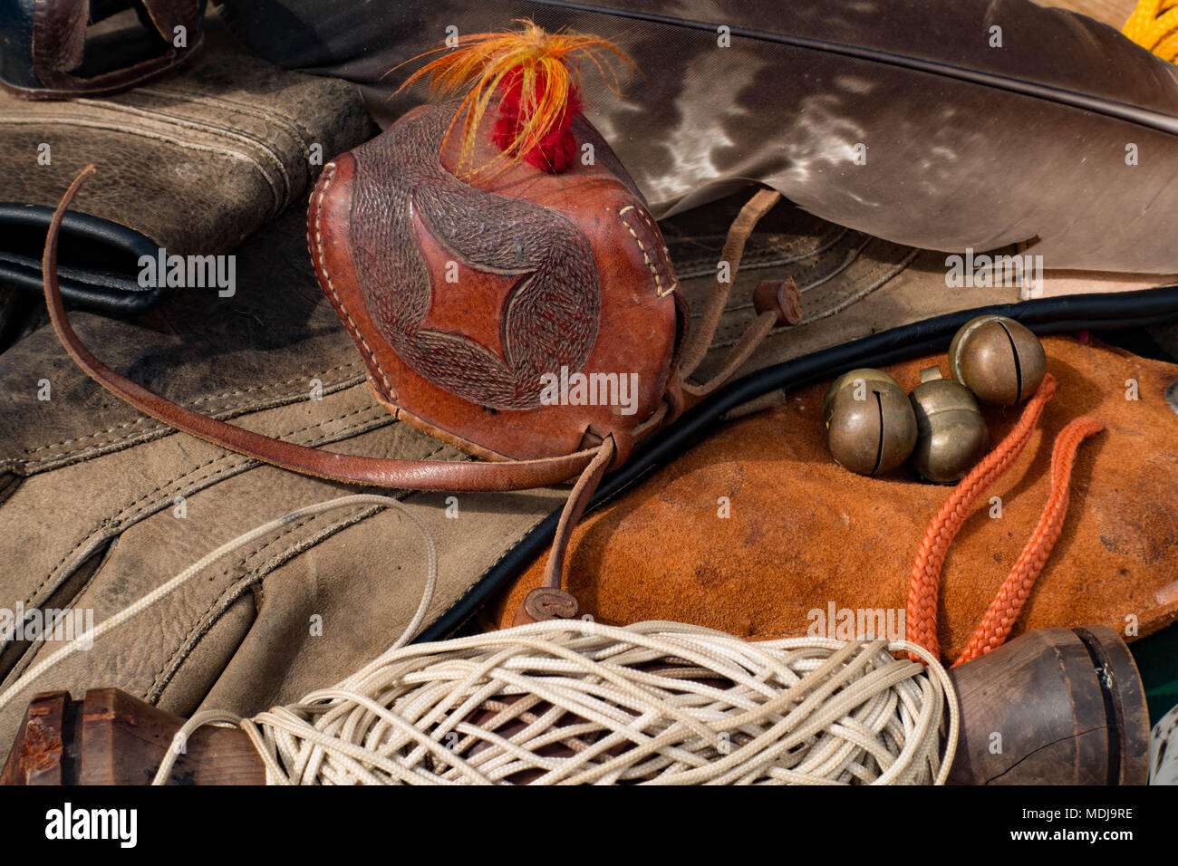 Collection of falconry items displayed on table. Wales Stock Photo - Alamy