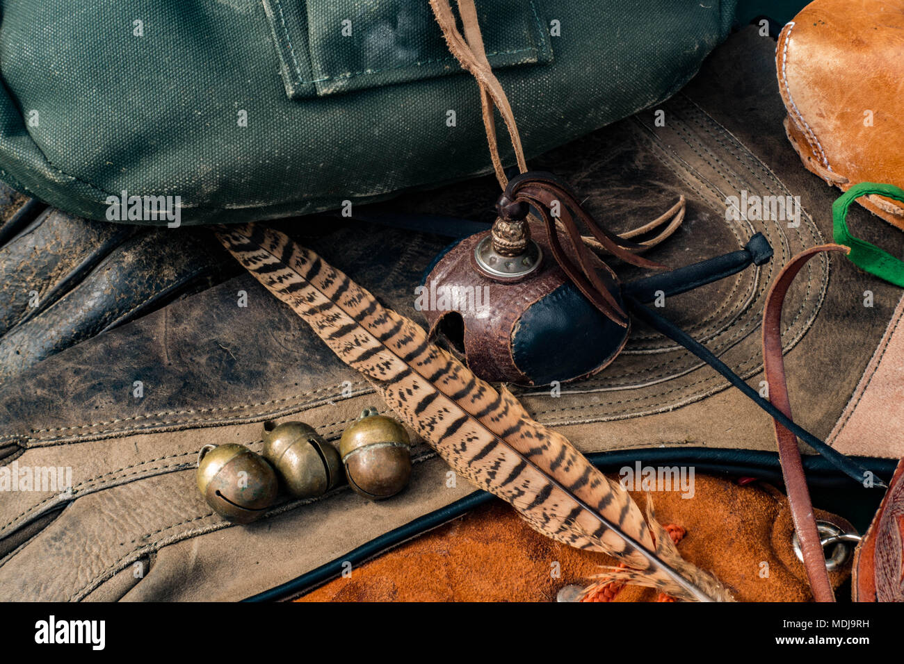 Collection of falconry items displayed on table. Wales Stock Photo - Alamy