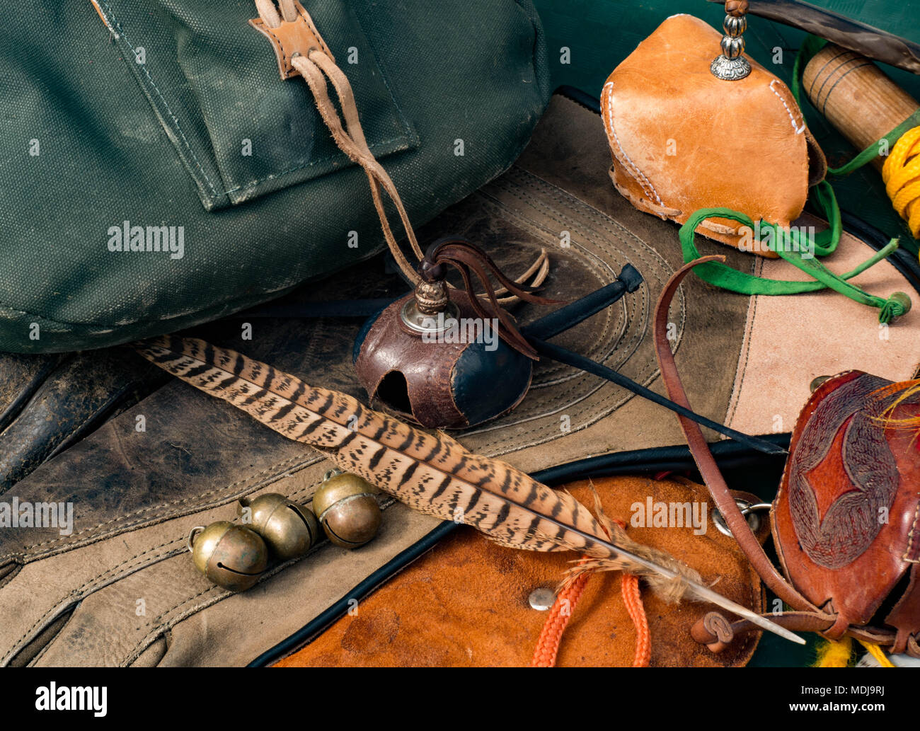 Collection of falconry items displayed on table. Wales Stock Photo - Alamy