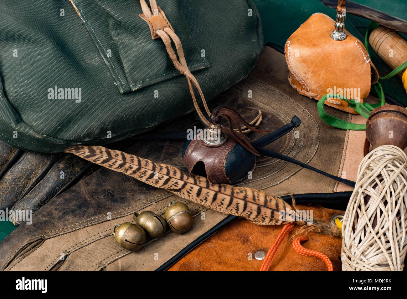Collection of falconry items displayed on table. Wales Stock Photo - Alamy