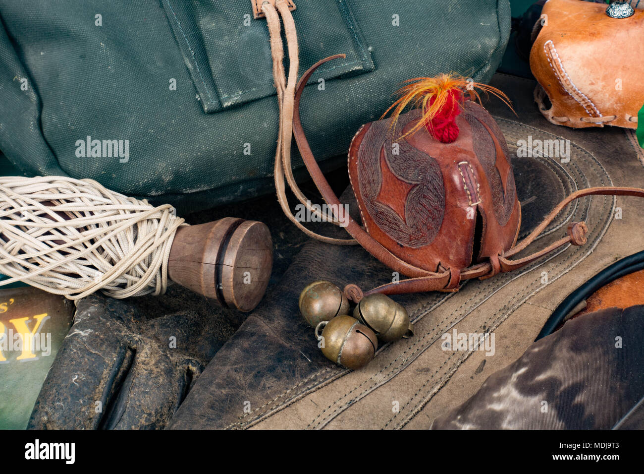 Collection of falconry items displayed on table. Wales Stock Photo - Alamy
