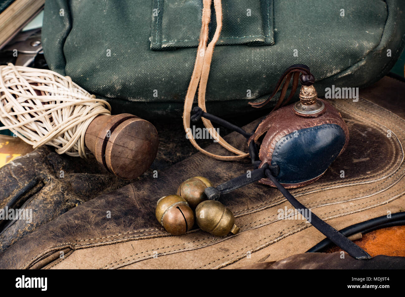Collection of falconry items displayed on table. Wales Stock Photo - Alamy