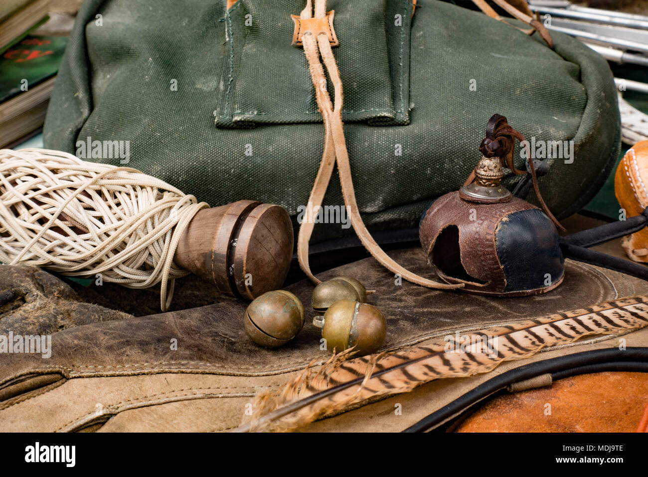 Collection of falconry items displayed on table. Wales Stock Photo - Alamy